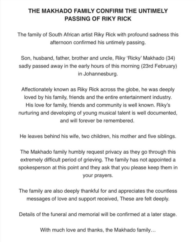 CONFIRMED: Riky Rick has passed away at age 34 | Central News South Africa