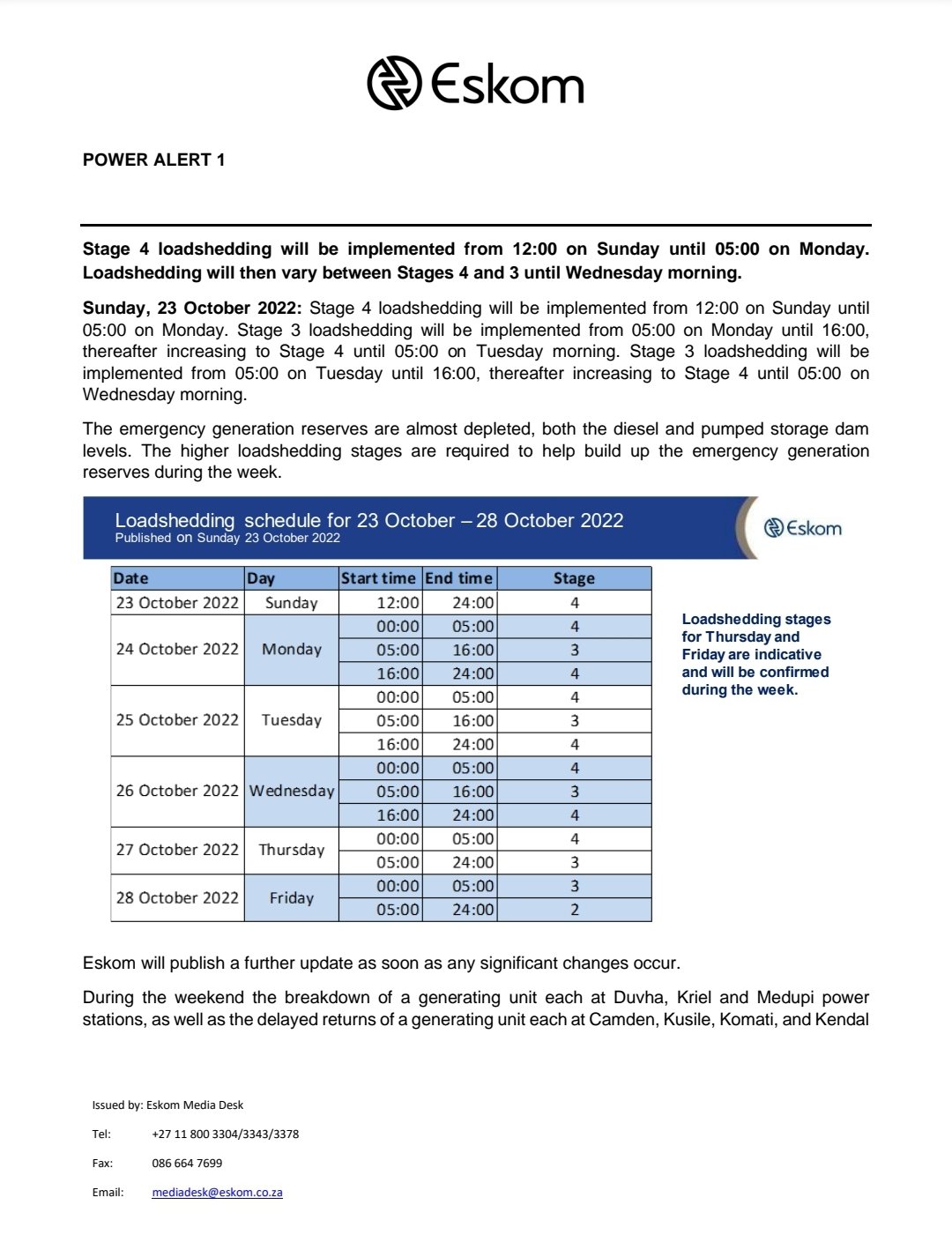 BREAKING| Eskom Implements Stage 4 Loadshedding from 12:00 on Sunday ...