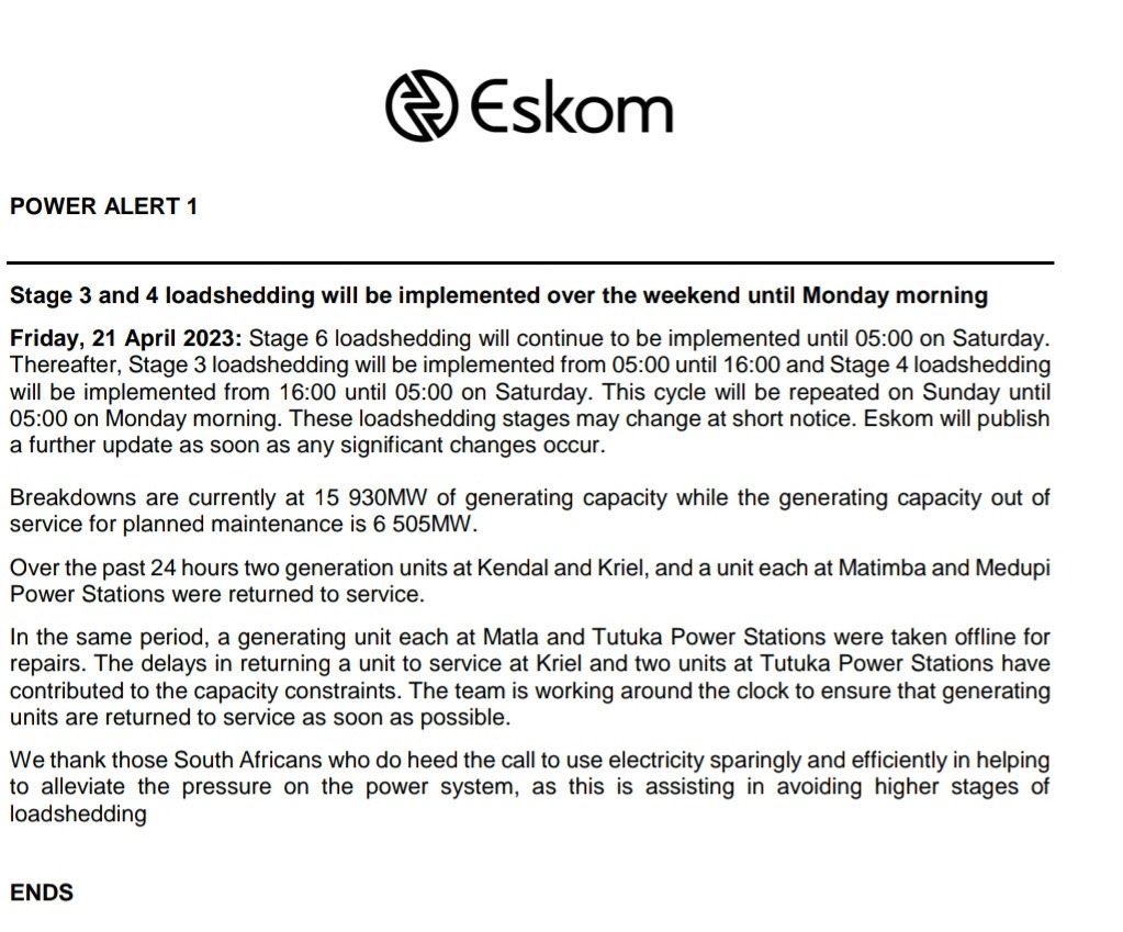 UPDATE| Eskom implements Stage 3 and 4 loadshedding over the weekend ...