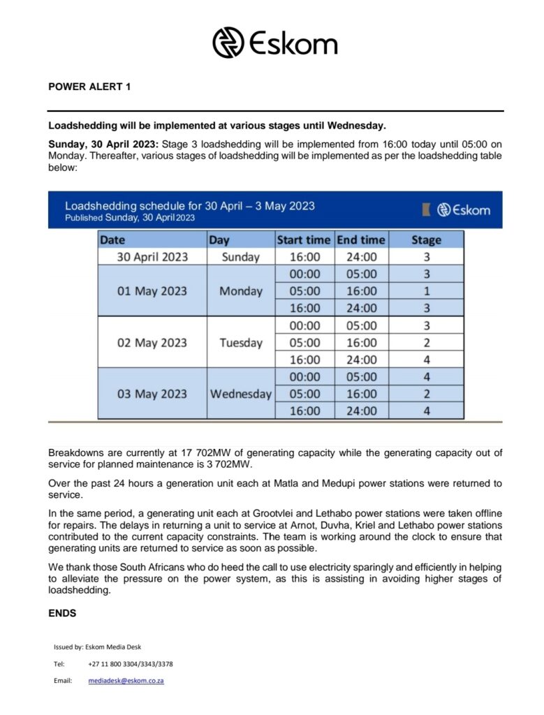 Eskom implements Stage 3 Loadshedding today, Various Stages till ...