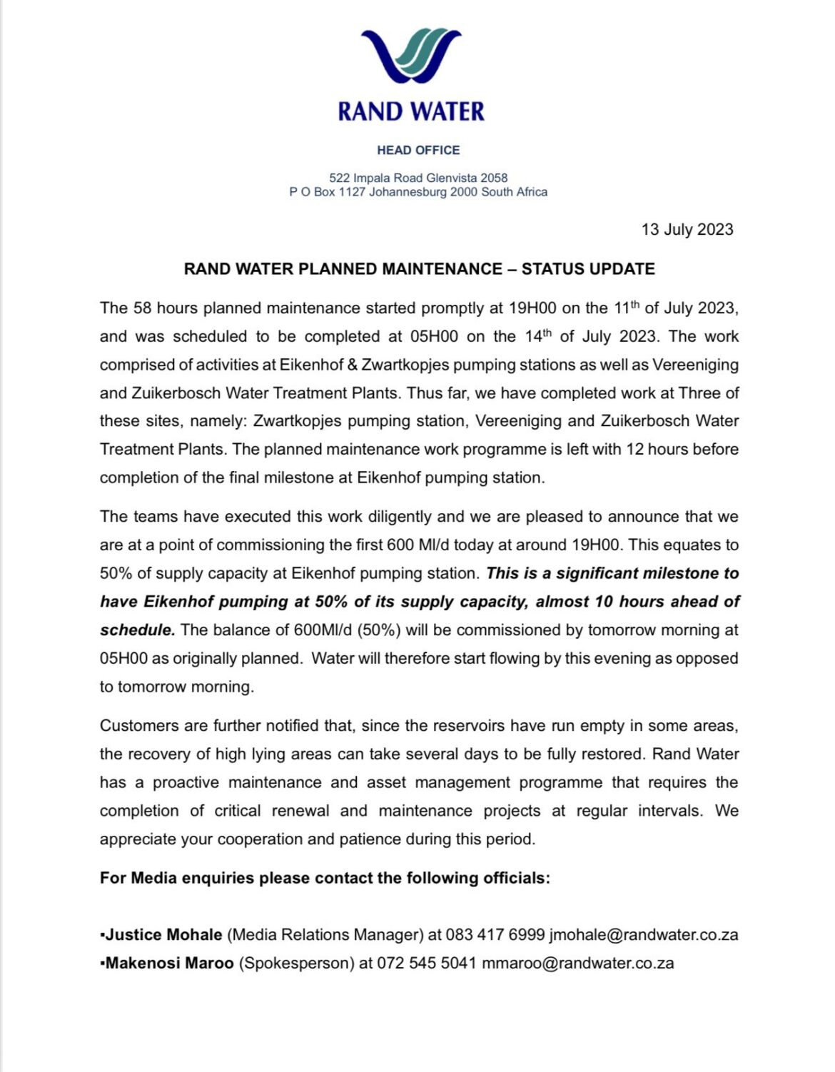 Rand Water Completes Successful Maintenance Project | Central News ...
